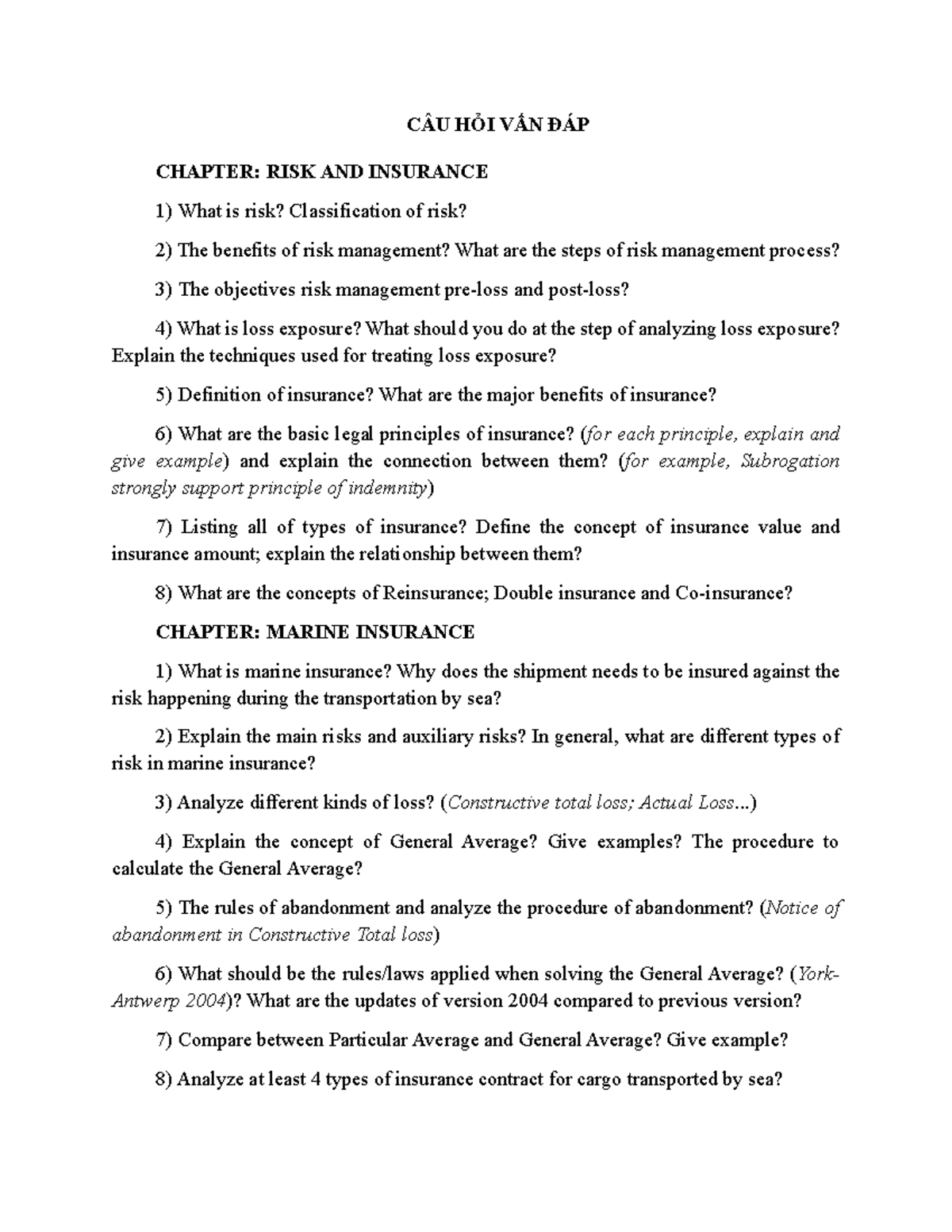 CÂU HỎI VẤN ĐÁP - CÂU HỎI VẤN ĐÁP - CÂU HỎI VẤN ĐÁP CHAPTER: RISK AND ...