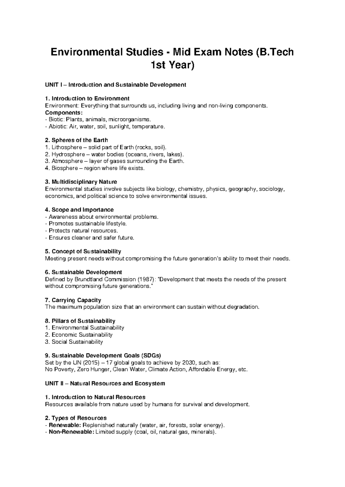 Environmental Studies Mid Exam Notes (B.Tech 1st Year) - Studocu