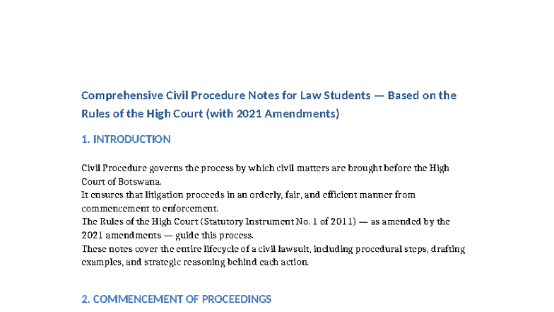 Comprehensive Civil Procedure Notes (Law 2025) for High Court Rules ...