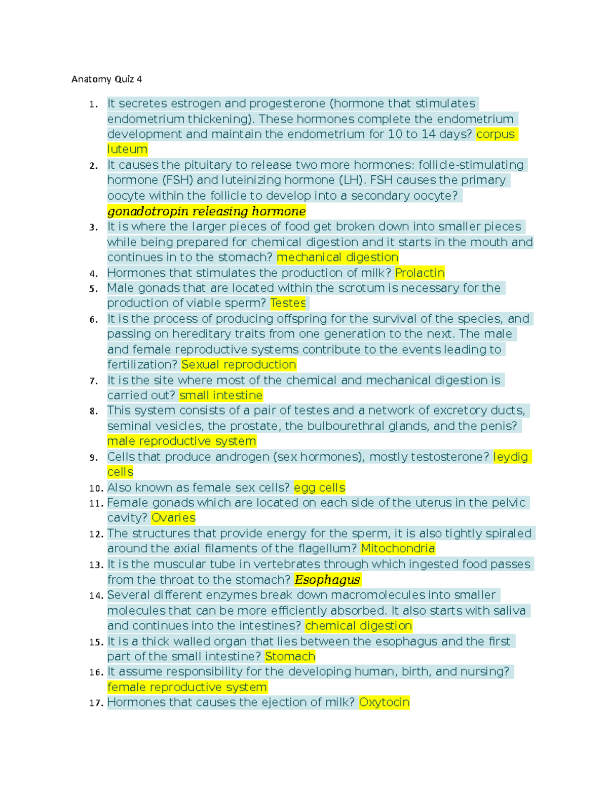Anatomy & Physiology Quiz #4 - Key Concepts and Answers - Studocu