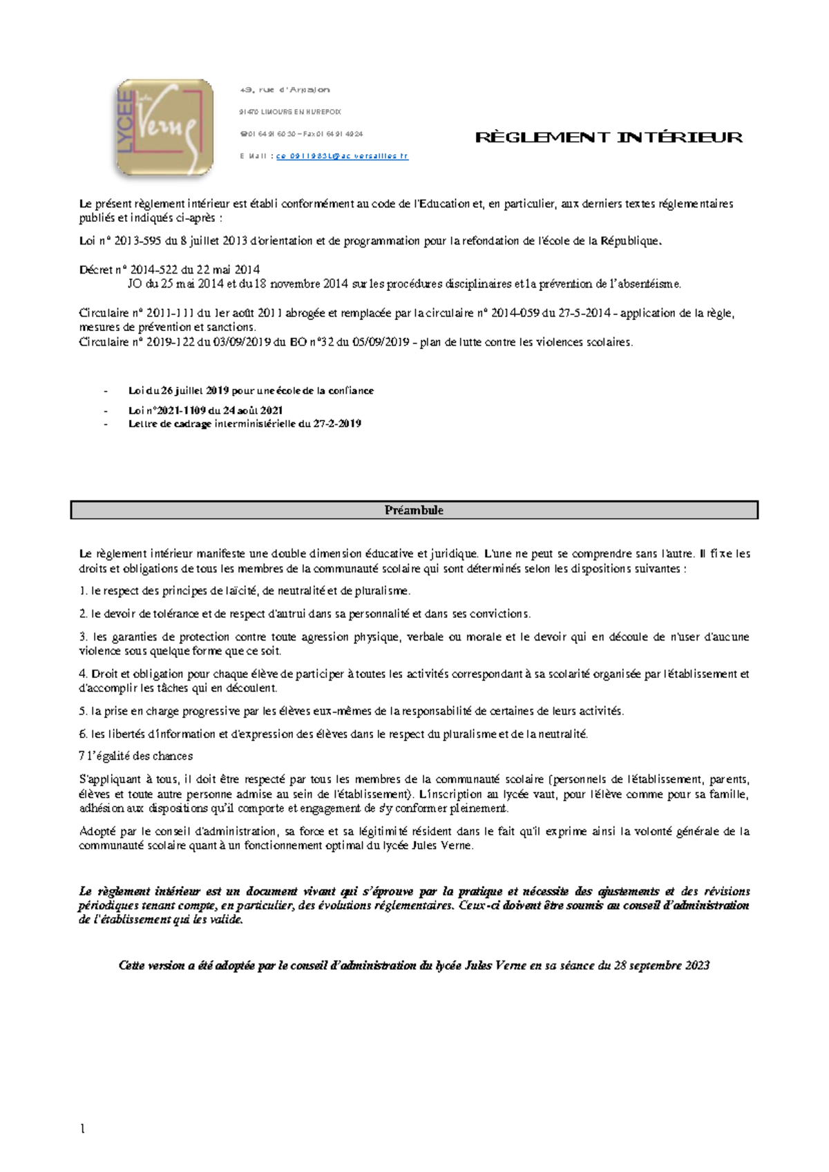 Règlement Intérieur du Lycée Jules Verne 2023 : Directives et ...
