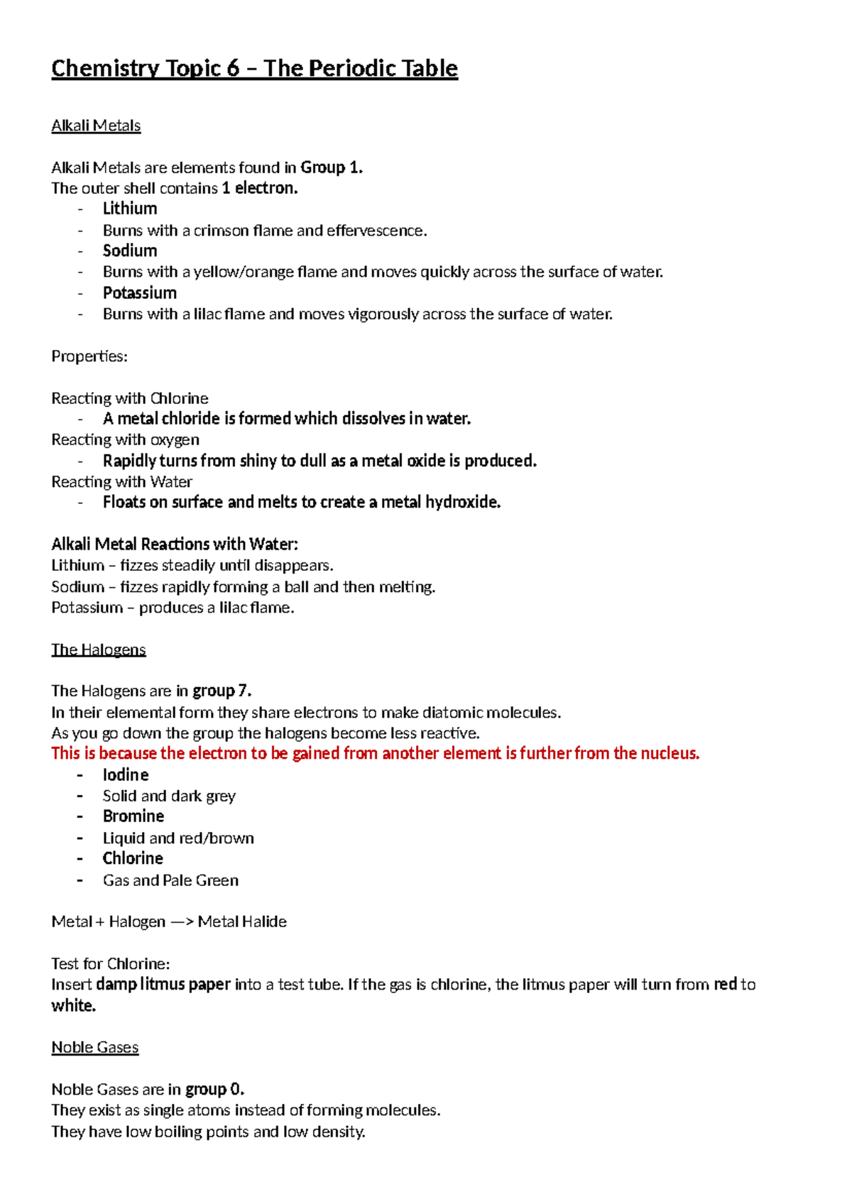 Chemistry Topic 6: The Periodic Table - Alkali Metals & Halogens - Studocu