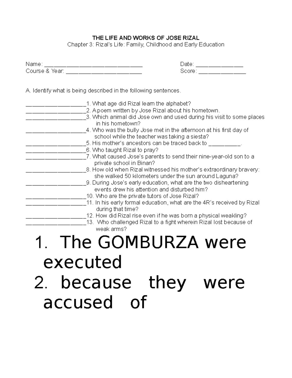 Rizal’s Life and Works Worksheet: Chapter 3 - Family and Education ...
