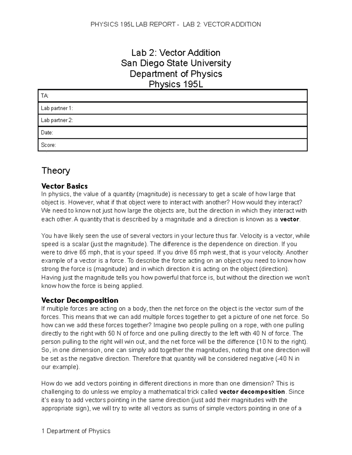 PHYS+195L+Lab+Report:+Vector+Addition+Experiment+Analysis - Studocu