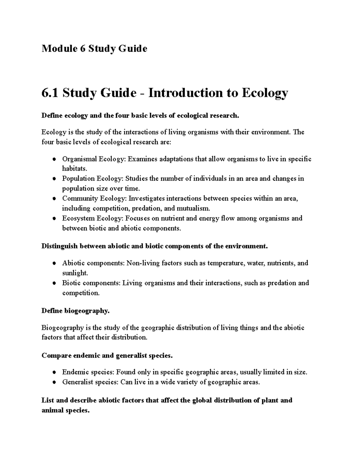 Module 6 Study Guide: Intro to Ecology & Population Ecology Concepts ...