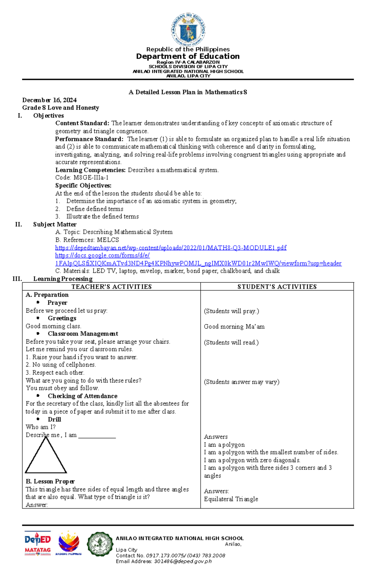 Detailed Lesson Plan on Mathematical Systems - MATH 8 - Studocu