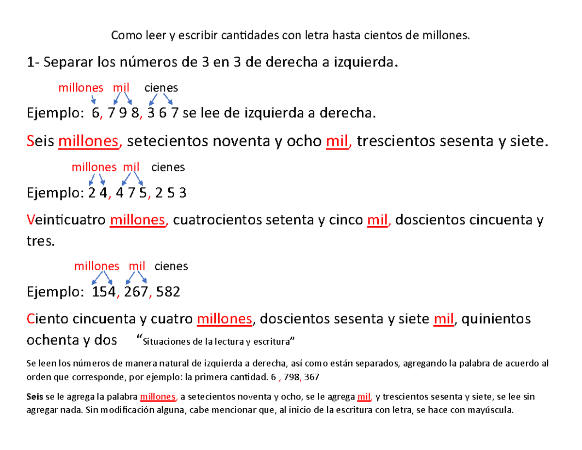 Cómo leer y escribir cantidades con letra hasta 100 millones - Studocu
