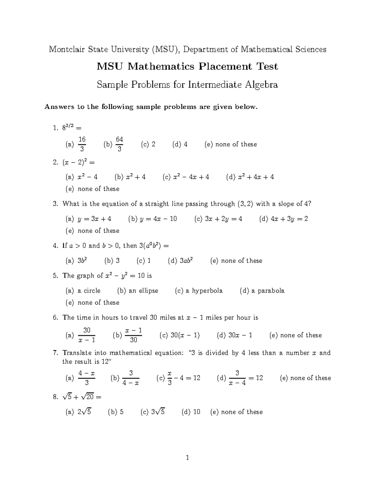 Intermediate Algebra Sample Problems for MSU Placement Test - Studocu