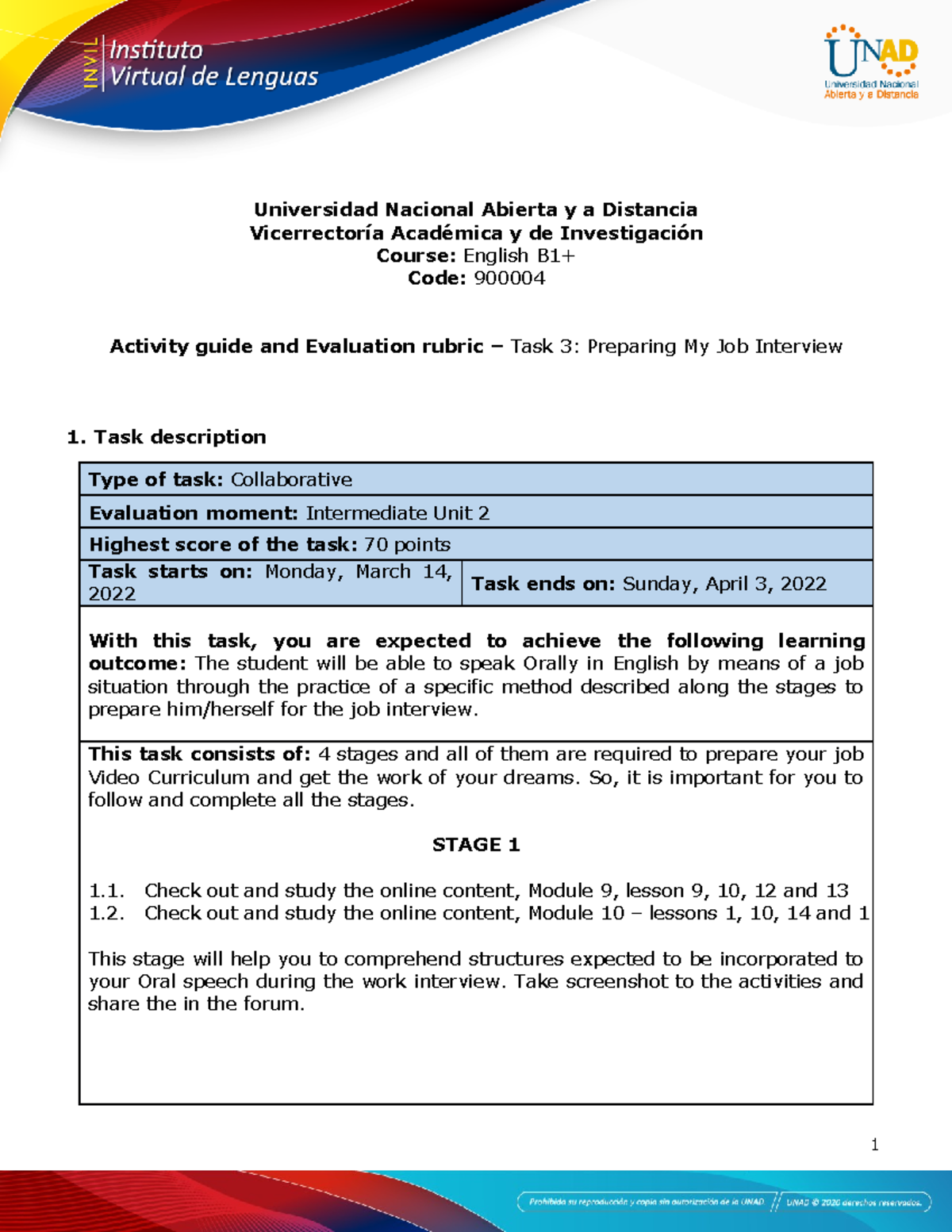 Activities guide and Evaluation rubric - Unit 2 -Task 3 - Preparing my Job Interview - 1 ...