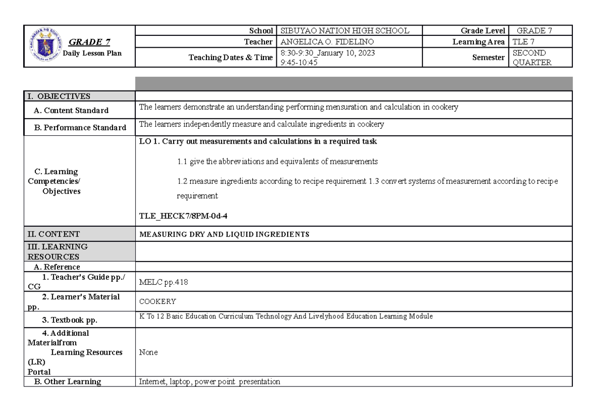 TLE 7 Lesson Plan: Measuring Dry & Liquid Ingredients in Cookery - Studocu