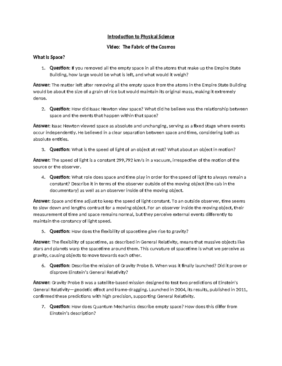 PHSC 101: Worksheet on The Fabric of the Cosmos Documentary - Studocu