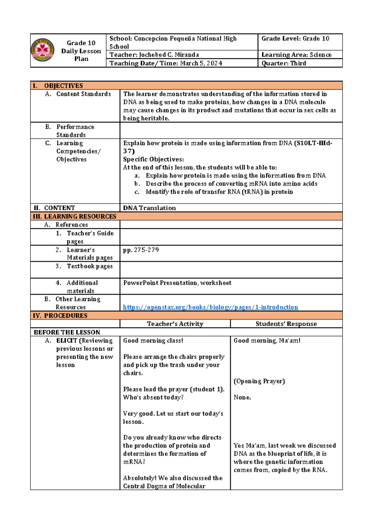 7ES DLP: Daily Lesson Plan on DNA Translation for Grade 10 - Studocu
