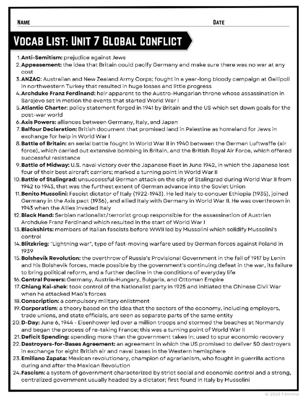 Unit 7 Vocab List: Key Terms on Global Conflict and WWII - Studocu