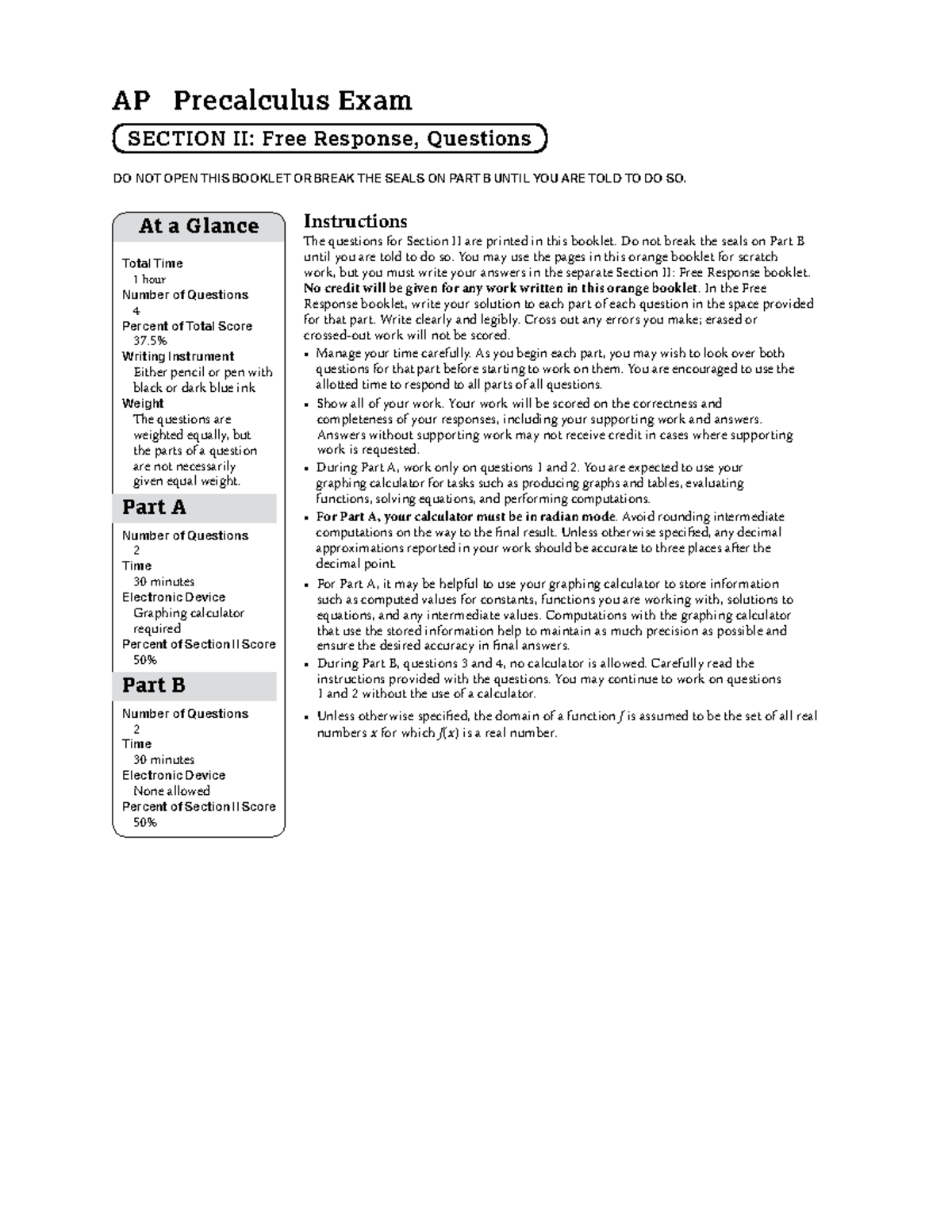 AP Precalculus Mock Midterm Exam: Free Response Questions - Studocu