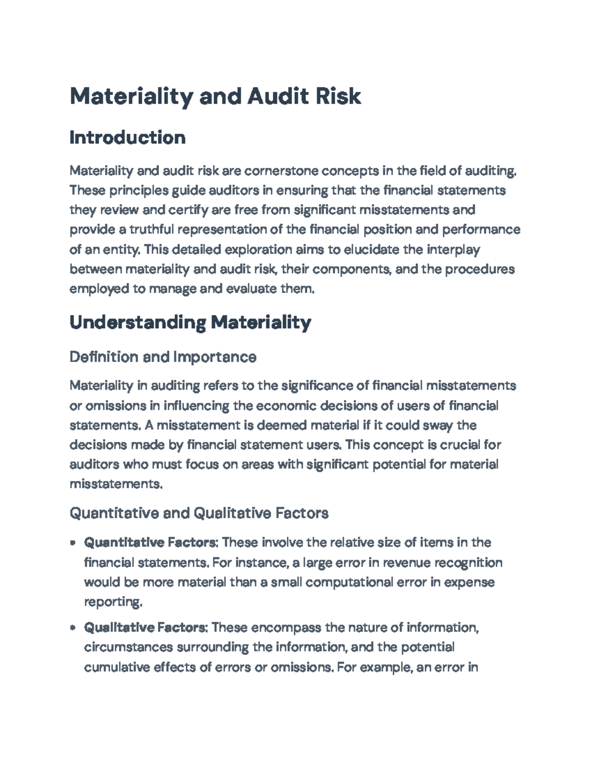 Materiality and Audit Risk: Key Concepts and Procedures Explained - Studocu