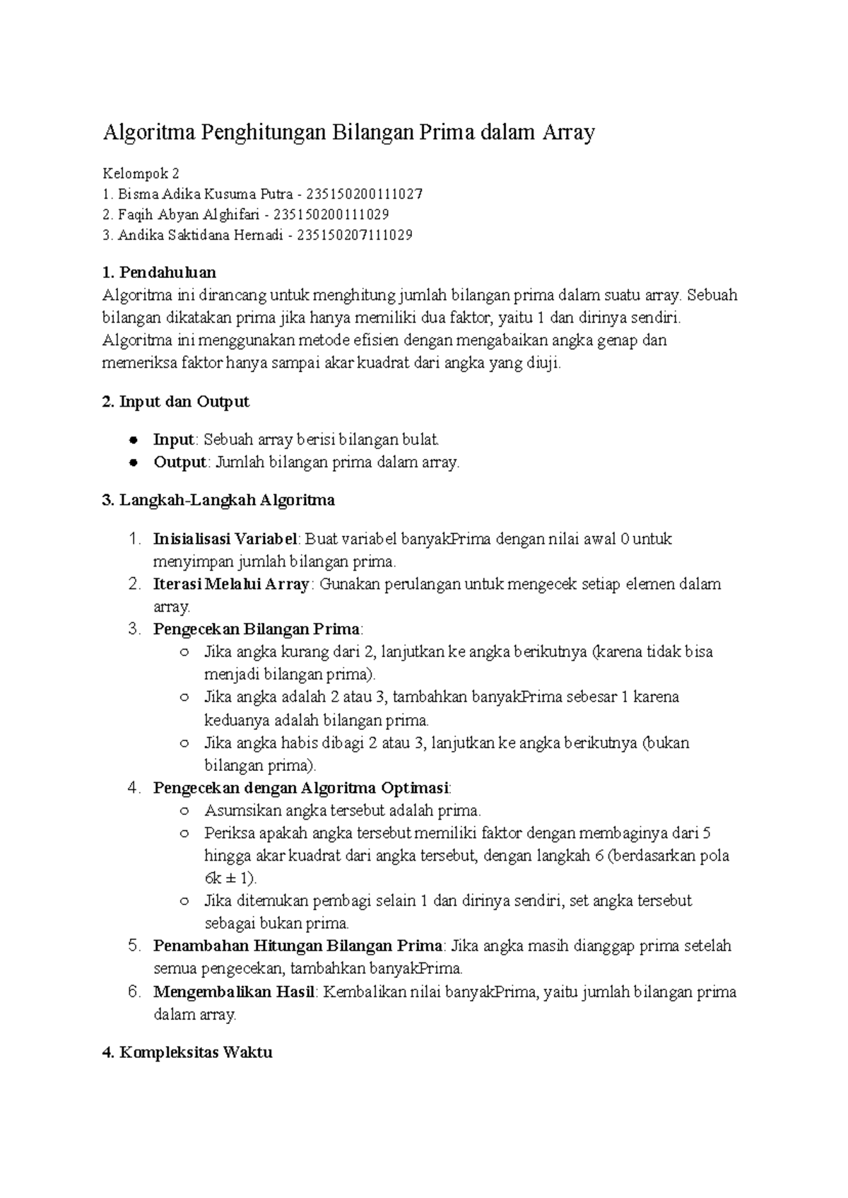 Algoritma Penghitungan Bilangan Prima dalam Array - DAA Kelompok 2 - Studocu