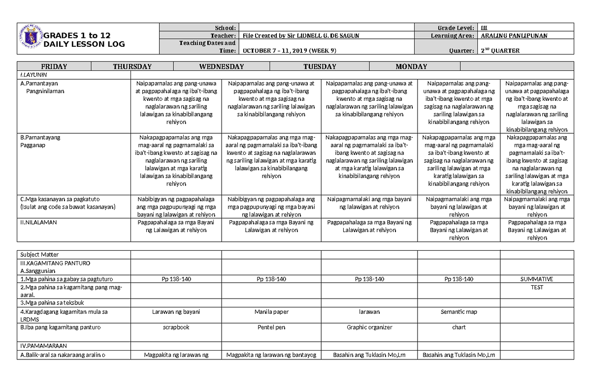 DLL Araling Panlipunan 3 Q2 W9 - GRADES 1 to 12 DAILY LESSON LOG School: Grade Level: III ...