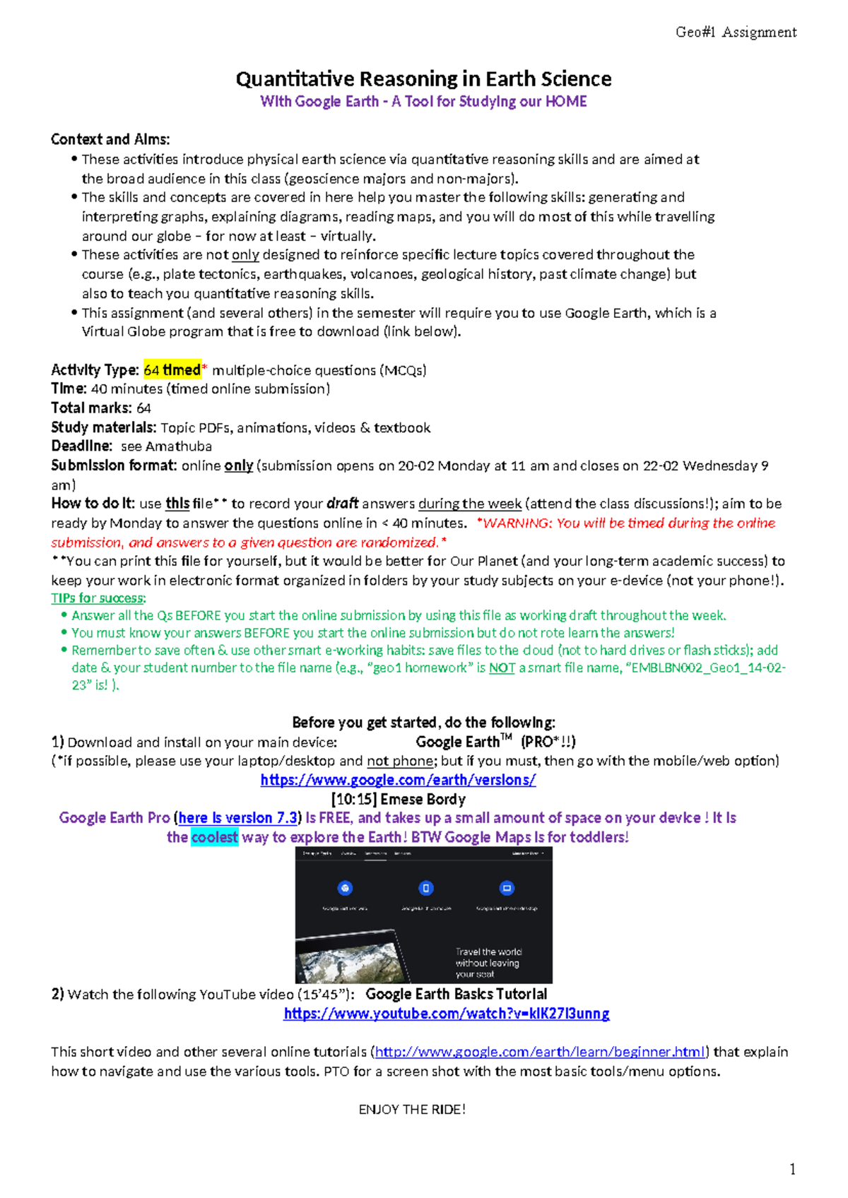 GEO1009F Quiz 1: Exploring Earth Science via Google Earth Activities ...