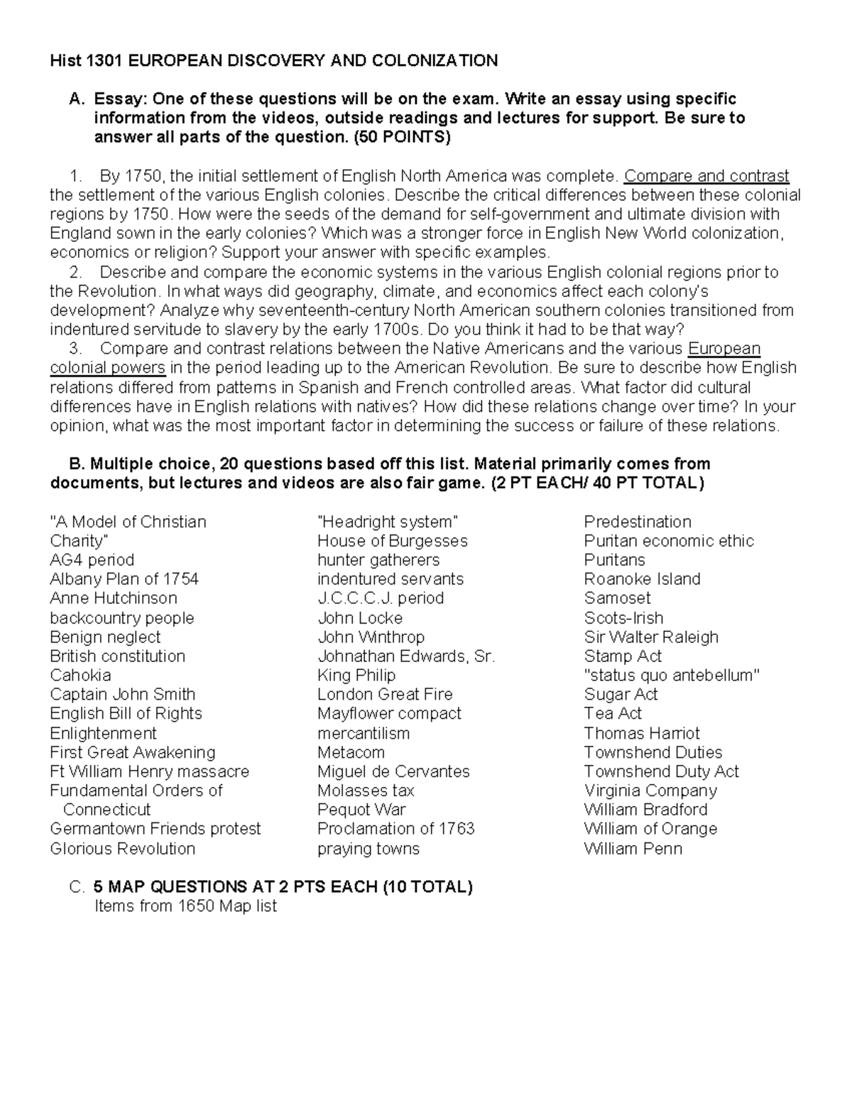 Hist 1301 Essay Exam: Insights on European Discovery & Colonization ...
