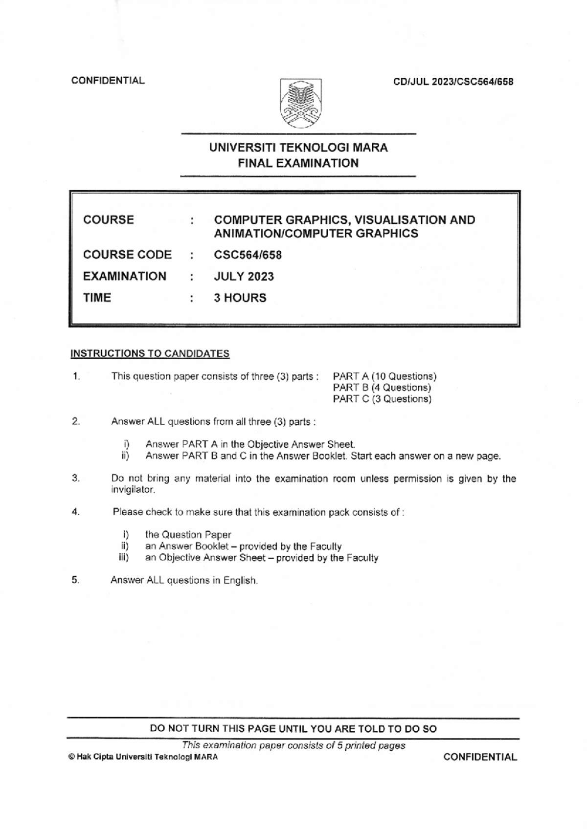 CSC658 JULY 2023 - Final Exam on Computer Graphics and Visualization ...