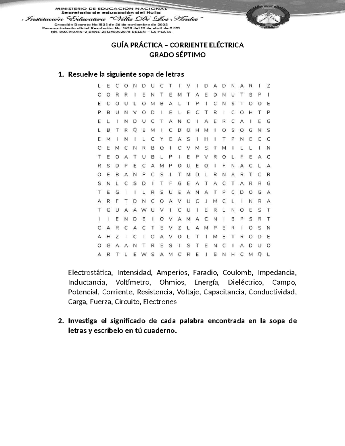 GUÍA PRÁCTICA CORRIENTE ELÉCTRICA GRADO 7 - Sopa de Letras y ...