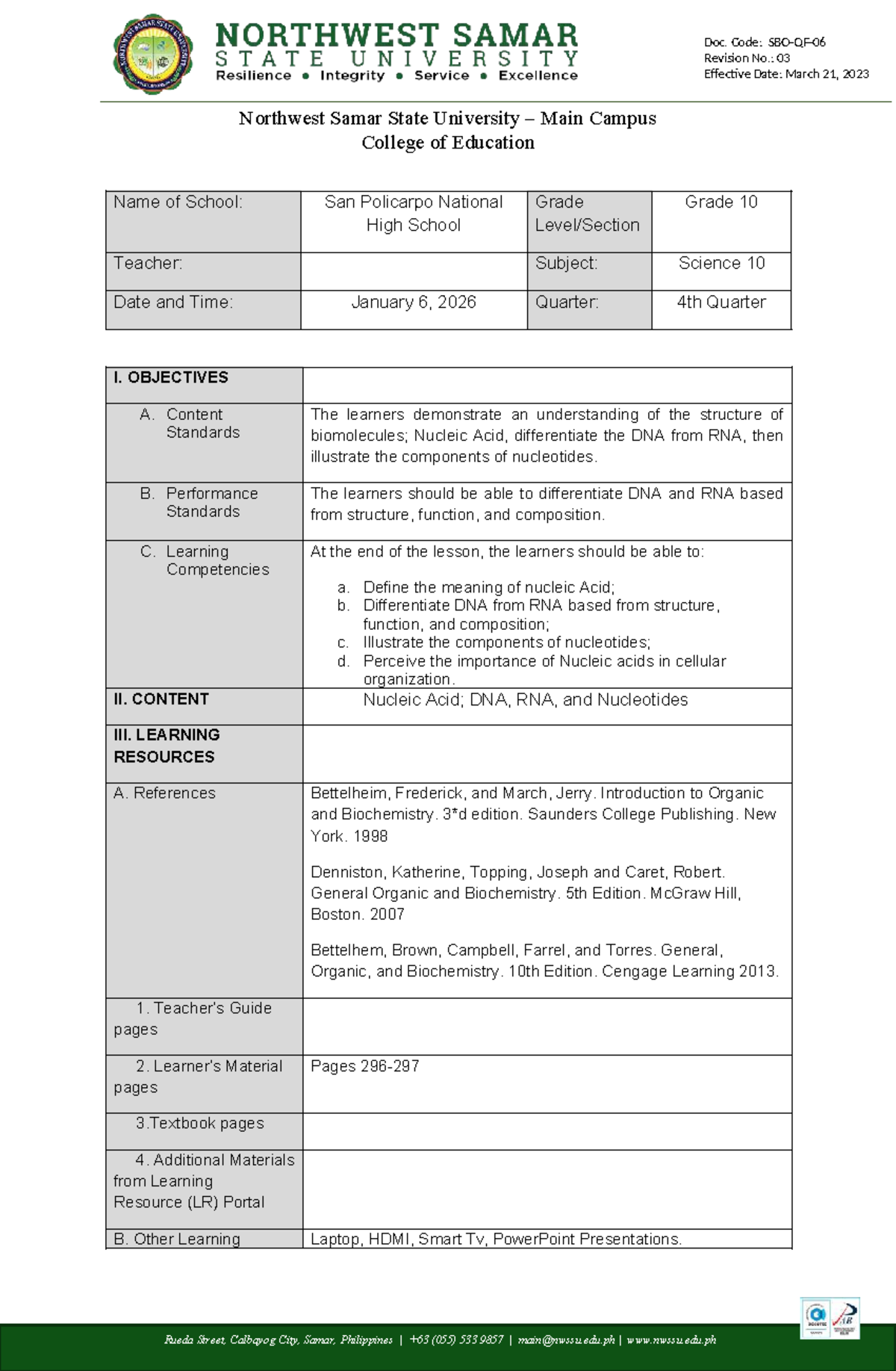 Detailed Lesson Plan: Understanding Nucleic Acids in Science 10 (4th ...