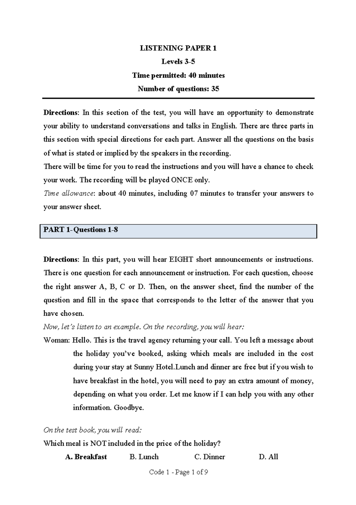 Listening Practice Paper B1 - Di Anh Van, Bac 3 - Studocu