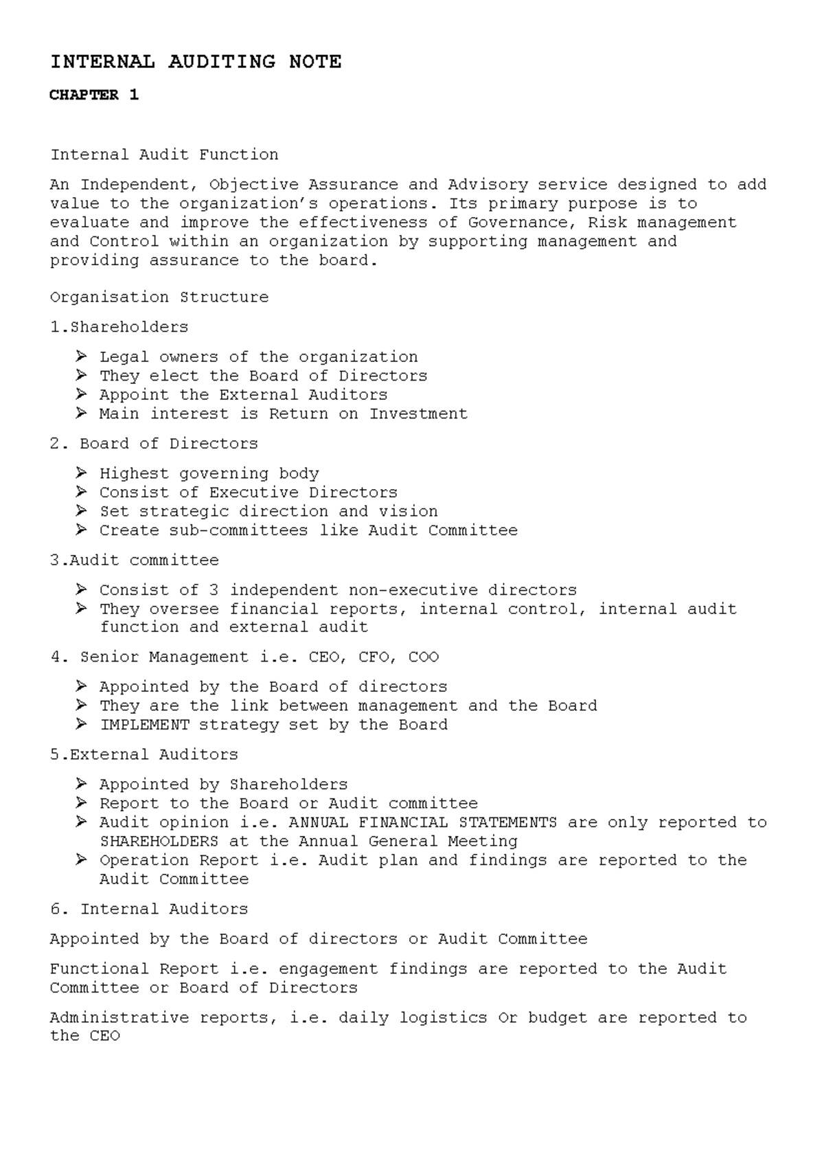 INTERNAL AUDITING NOTES: CHAPTER 1 - Audit Function Overview - Studocu