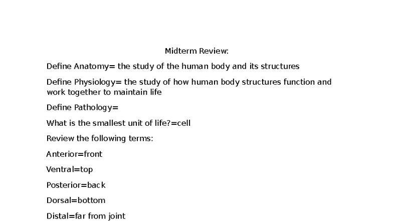 A&P 1 Midterm Review: Human Body Structures & Functions - Studocu