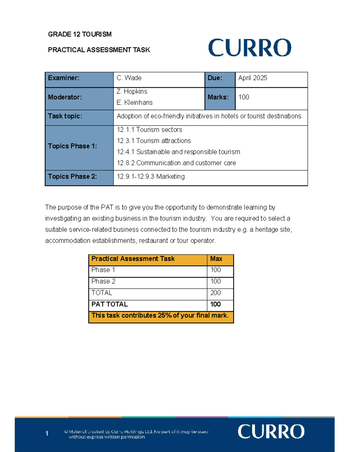 12-TOUR IEB PAT-QP - Grade 12 Practical Assessment Task on Tourism ...
