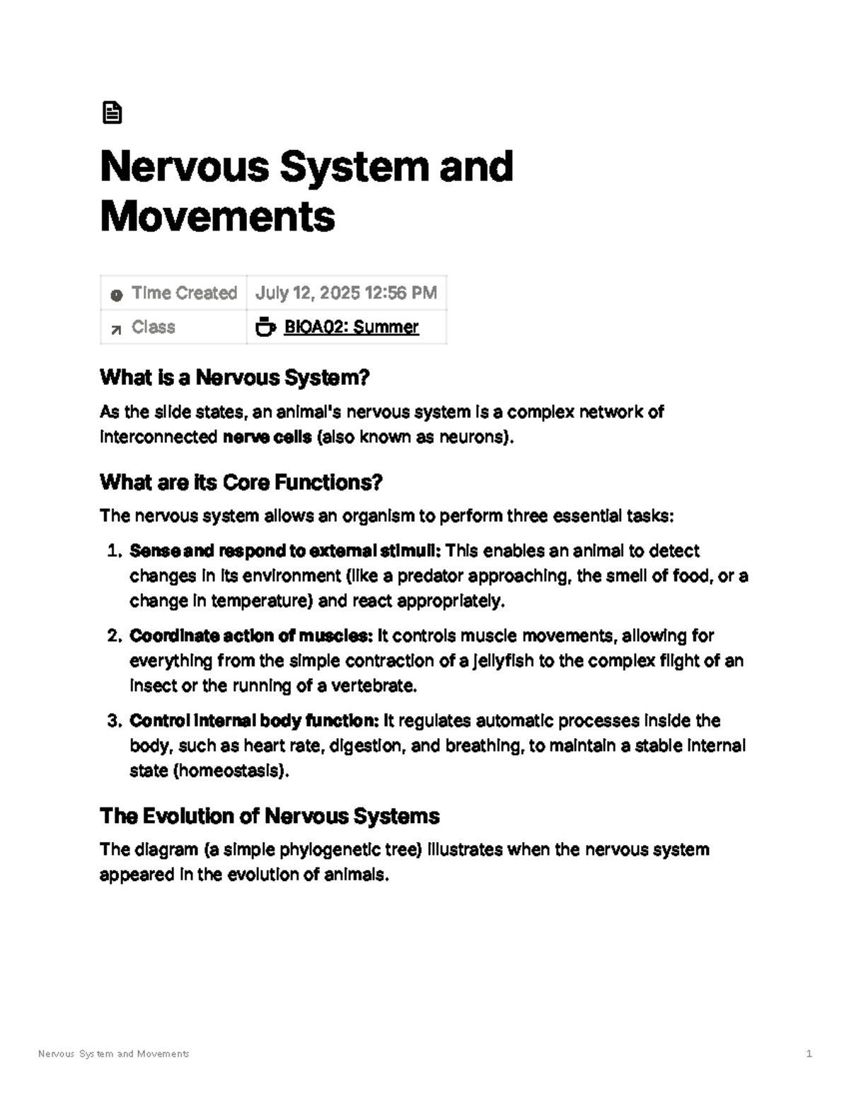 BIOA02: Nervous System and Movements Overview for Summer Class - Studocu