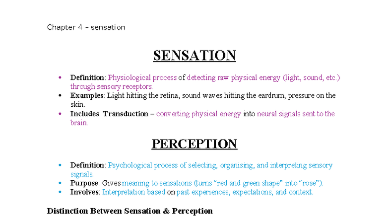 Chapter 4: Sensation and Perception Insights in Psychology - Studocu