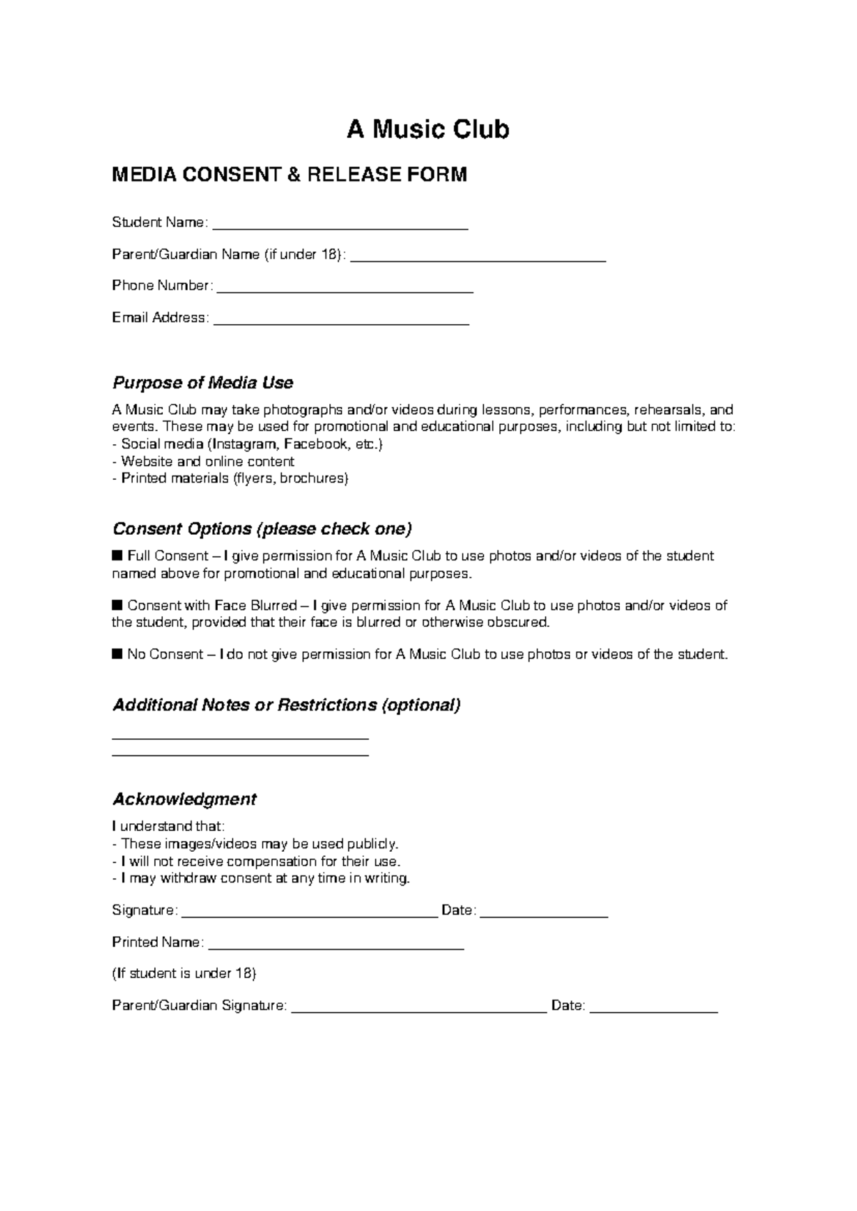 A Music Club MEDIA CONSENT RELEASE FORM - Studocu