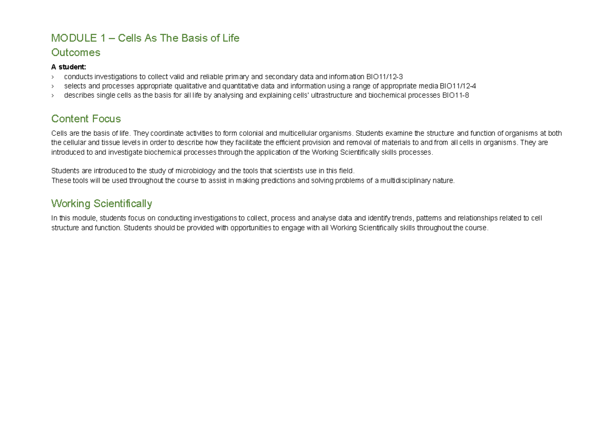 Module 1 - Cells as the Basis of Life: Study Notes & Investigations ...