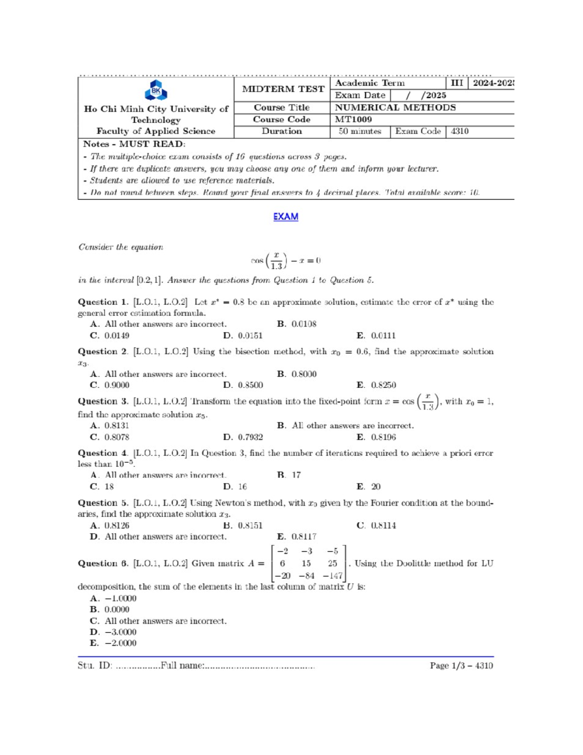 MT1009 Numerical Methods Midterm Exam Notes 2025 - Studocu