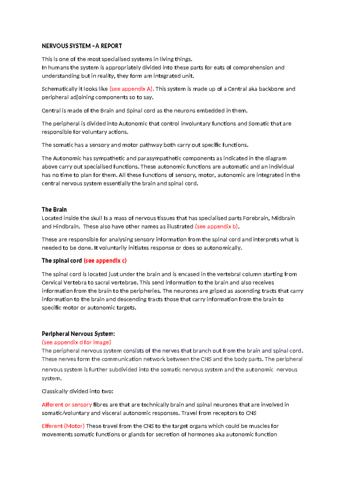 Nervous System Report: Structure, Function, and Integration Analysis - Studocu
