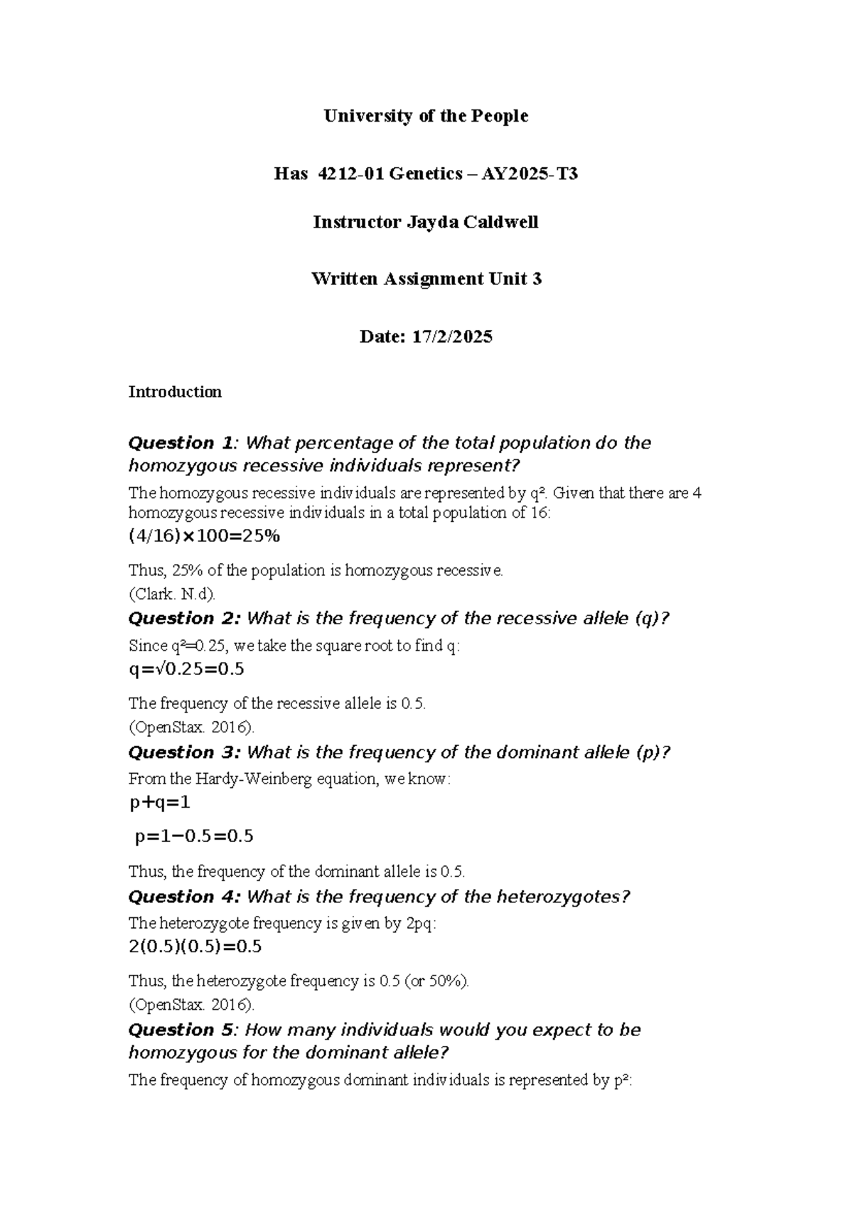 Written Assignment un3 - University of the People Has 4212-01 Genetics ...