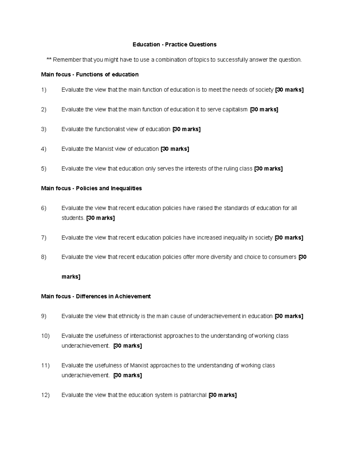 2024 - Practice Questions on Education Functions & Inequalities - Studocu
