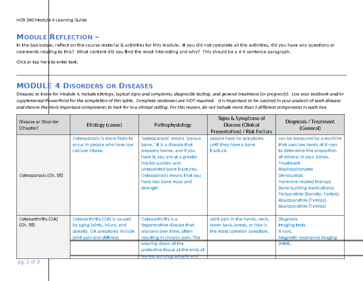 HCR 240 Module 4 Learning Guide: Disorders and Diseases Overview - Studocu