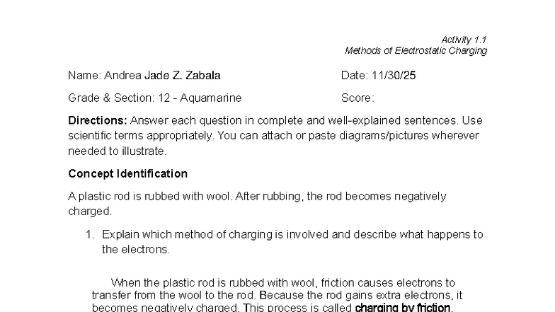 Activity 1.1: Methods of Electrostatic Charging in General Physics 2 ...
