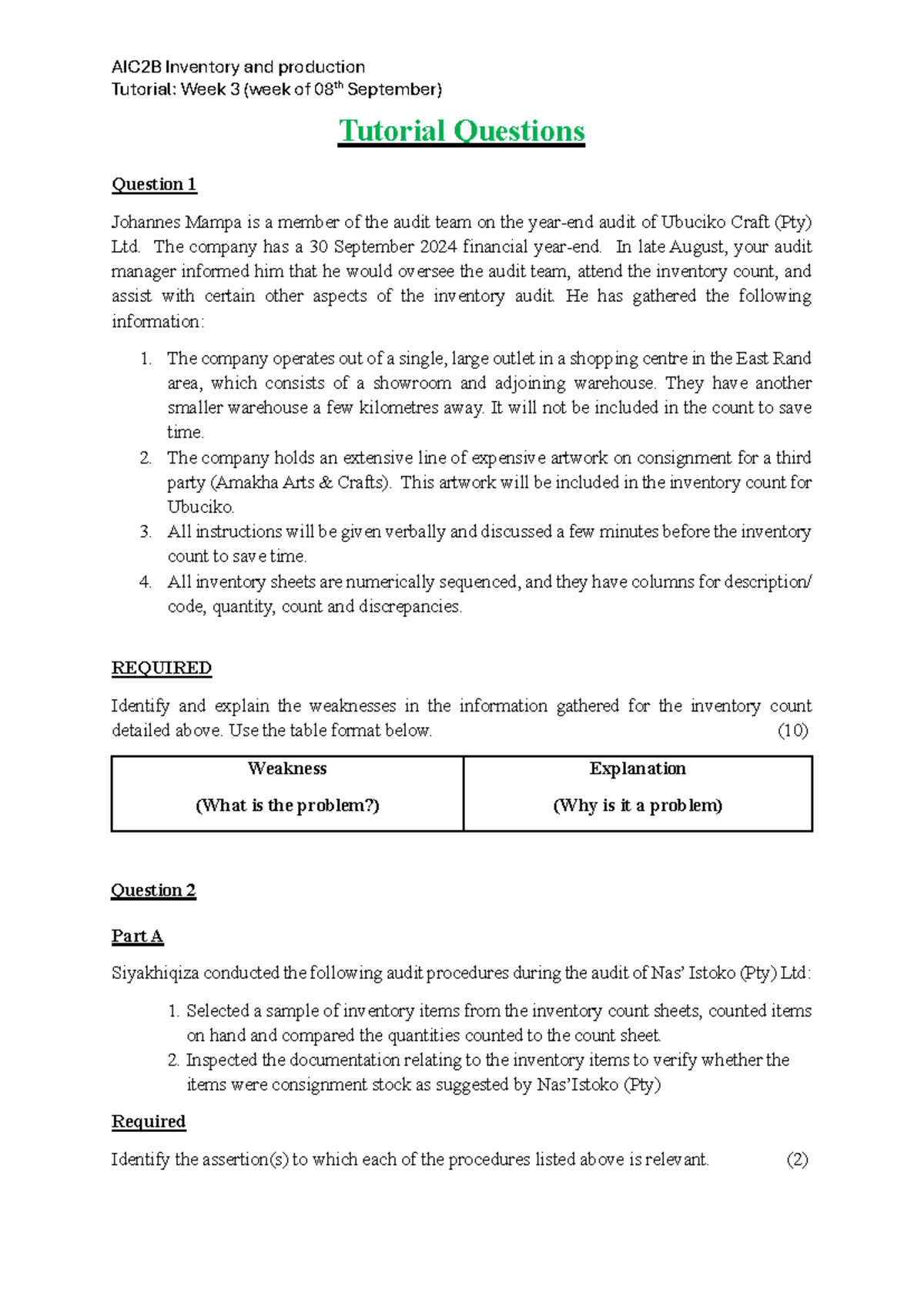 AIC2B Inventory and Production Tutorial: Week 3 Questions & Answers - Studocu