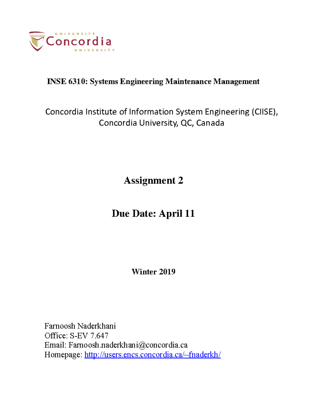 Assignment 2 2019 - Principles of sys eng - INSE 6310: Systems Engineering Maintenance ...