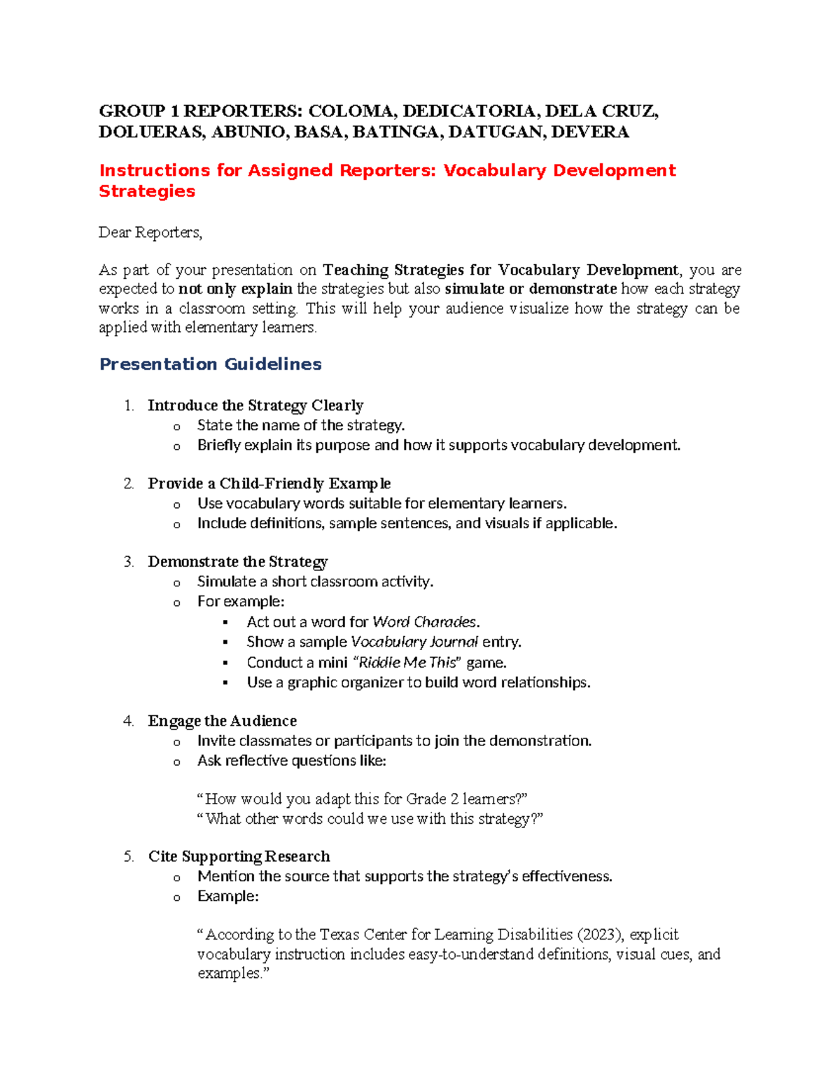 Teaching Strategies for Vocabulary Development: Group 1 Report - Studocu