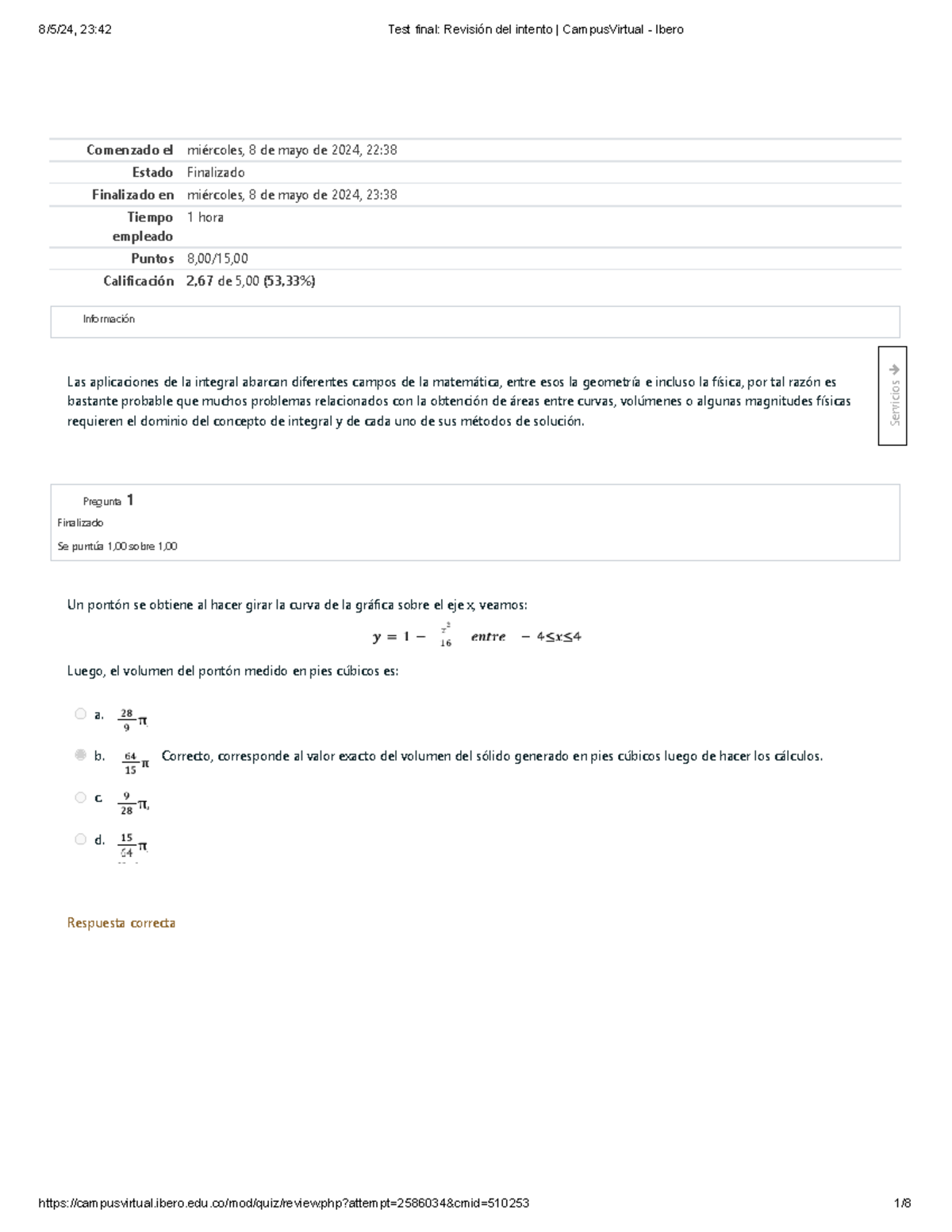 Revisión Final del Test de Cálculo en Campus Virtual - Ibero - Studocu