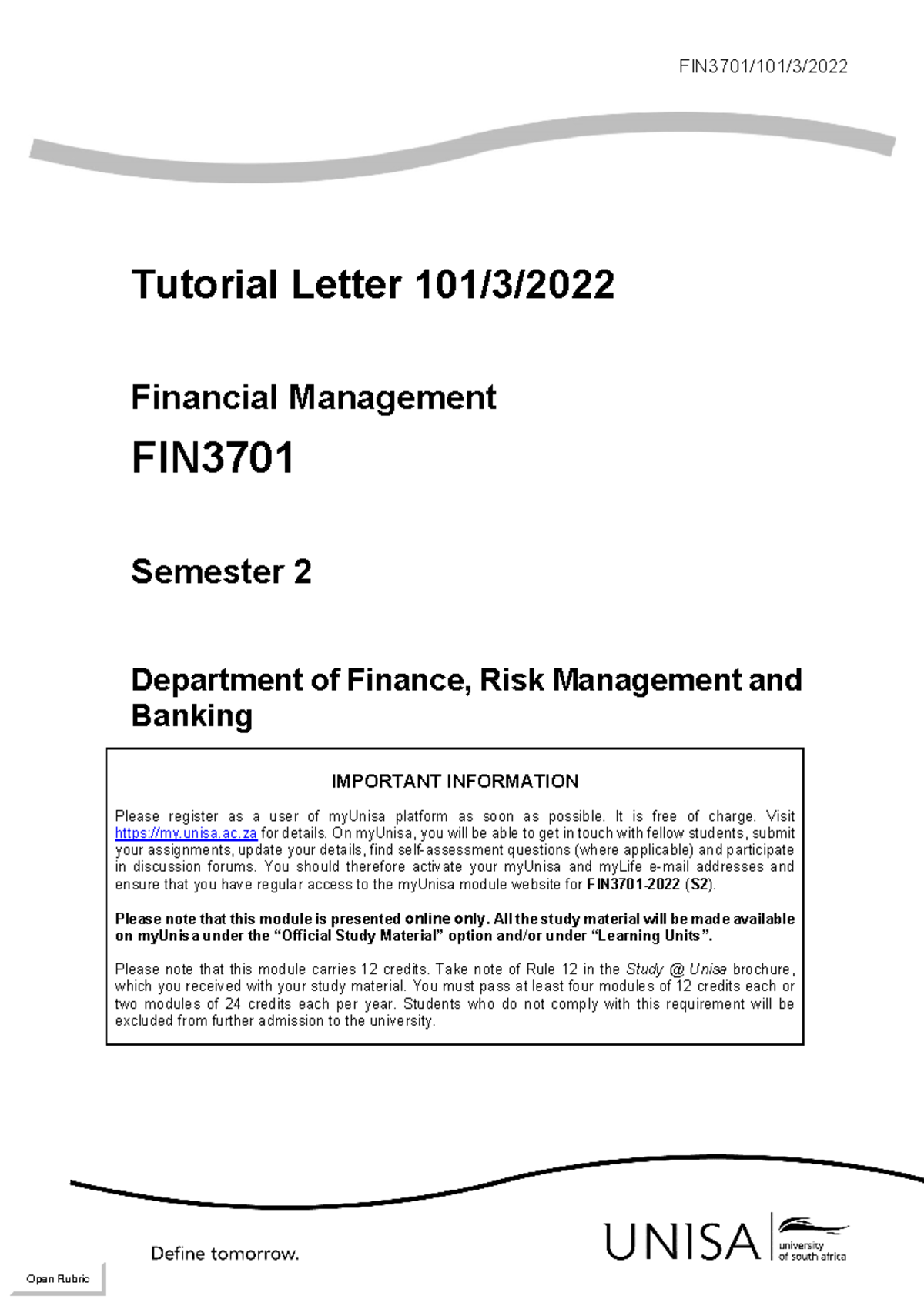 FIN3701 S2 2022 Financial Management Assignment 2 Guidelines - Studocu