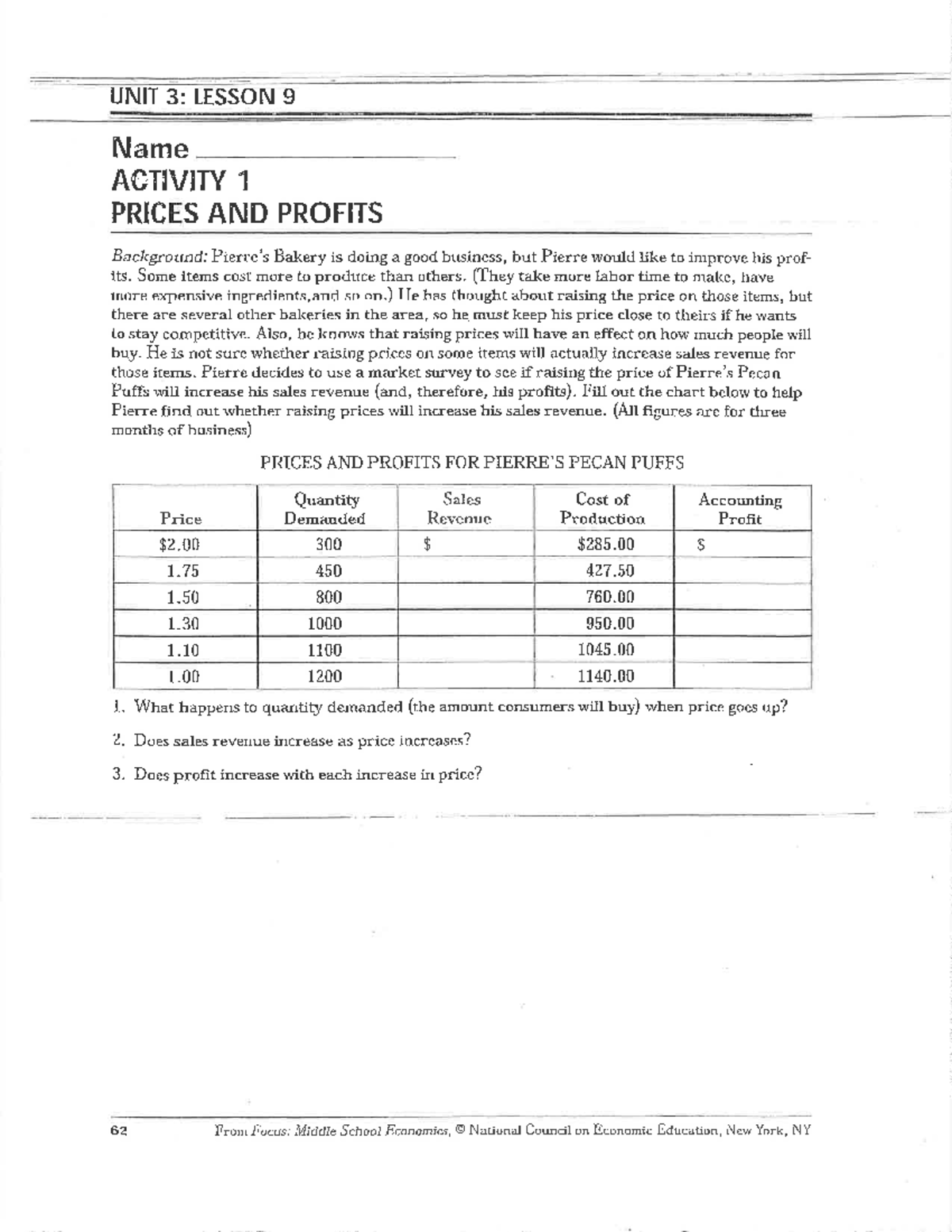 Unit 3: Lesson 9 activity 1 prices and profits analysis - Studocu