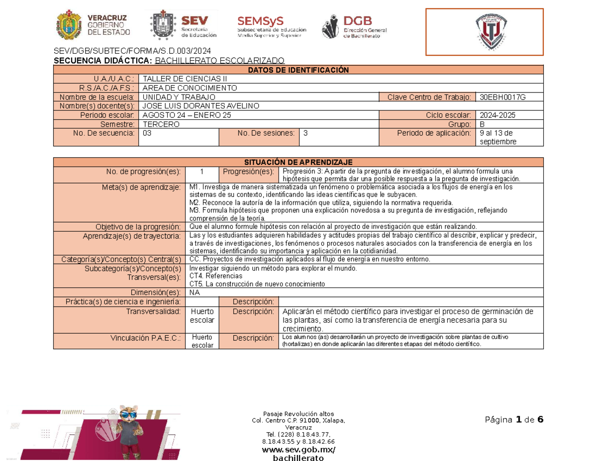 Secuencia Didáctica: Taller de Ciencias II - Bachillerato Escolarizado ...