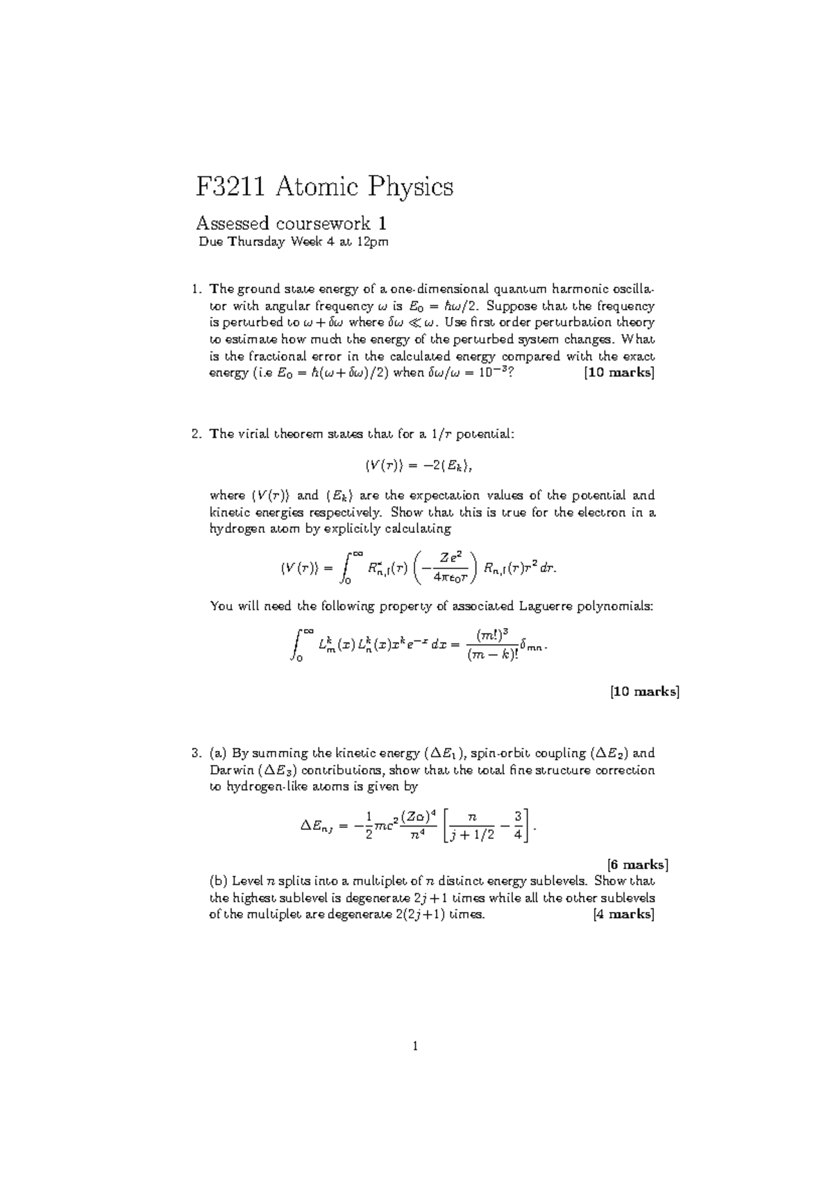F3211 Atomic Physics Assessed Coursework 1: Energy Changes & Theorems ...