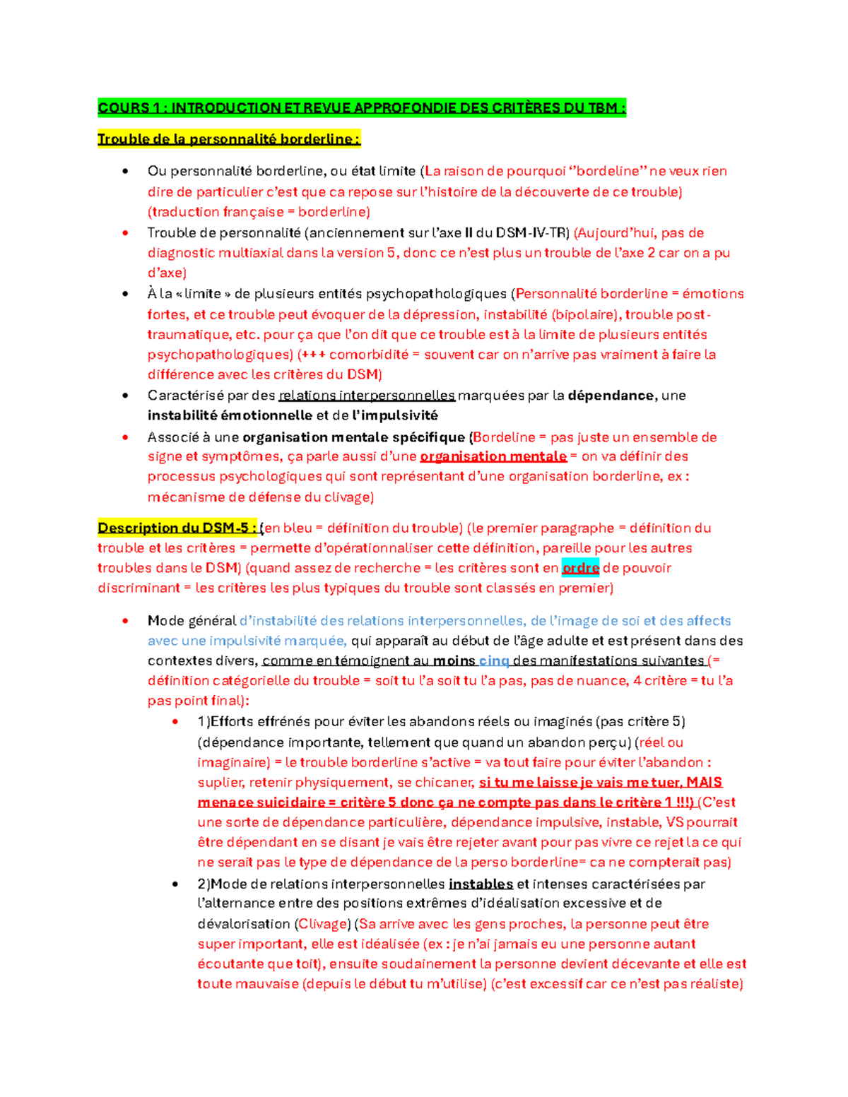 COURS 1 : INTRODUCTION AU TROUBLE DE LA PERSONNALITÉ BORDERLINE - Studocu