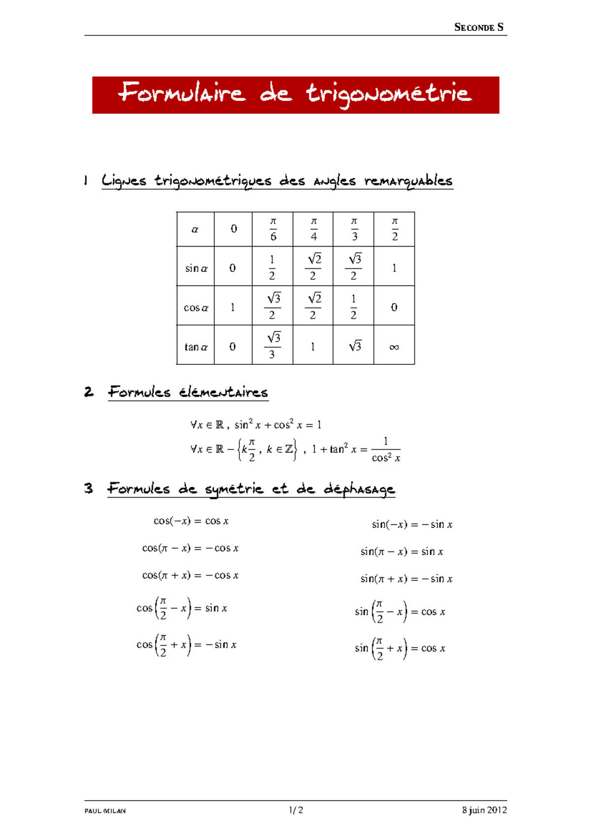 Formulaire de Trigonométrie - Seconde S (Méthodes et Formules) - Studocu
